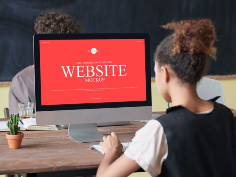 Girl Working on Computer Website Mockup